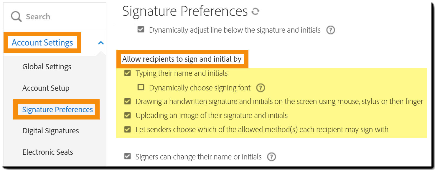 Configure how you will allow recipients to sign and initial agreements